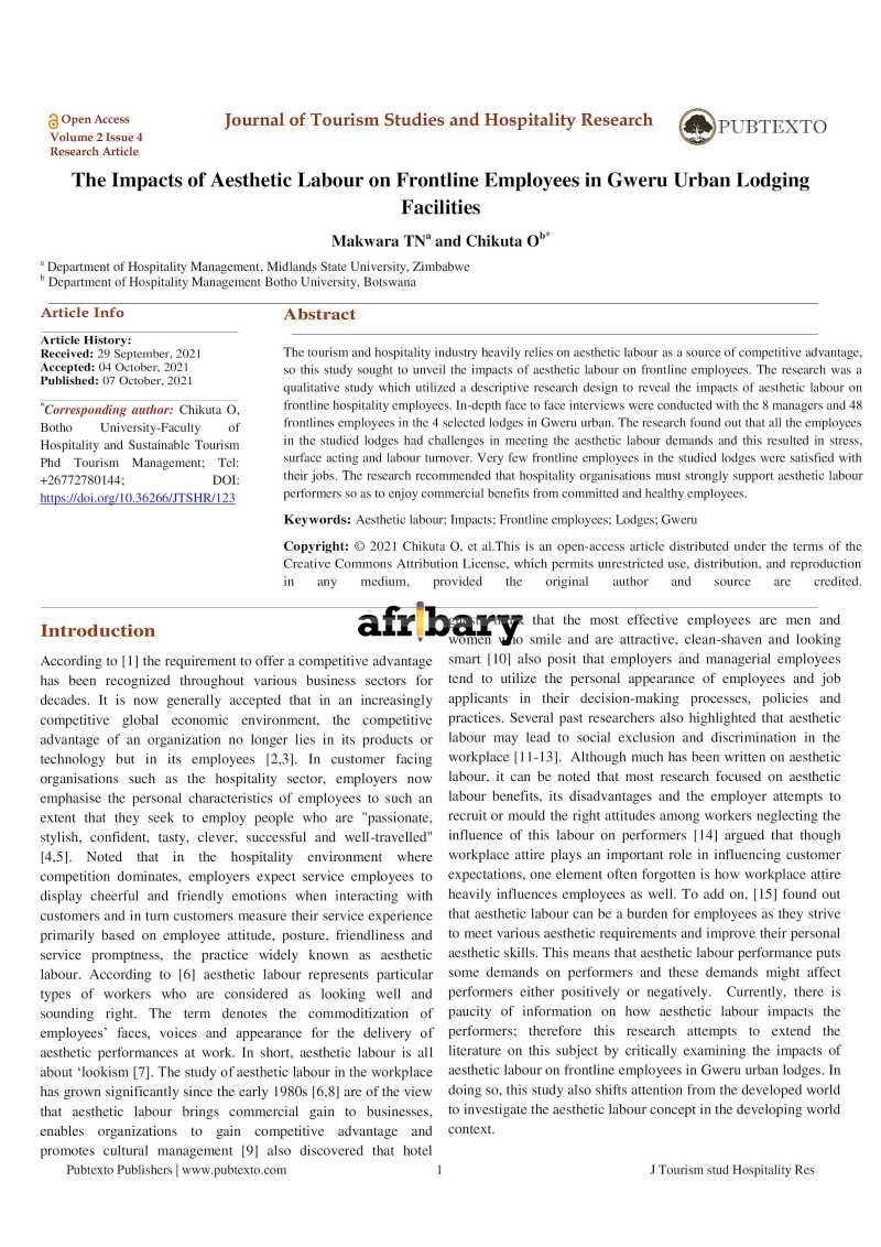 The Impacts of Aesthetic Labour on Frontline Employees in Gweru Urban ...