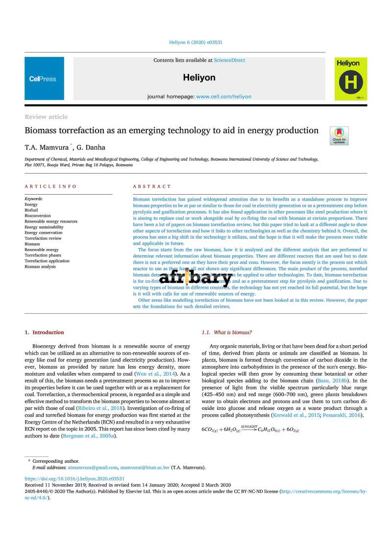 Biomass torrefaction as an emerging technology to aid in energy ...