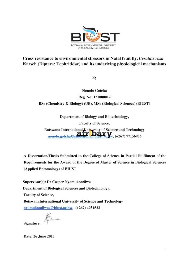 Cross resistance to environmental stressors in Natal fruit fly ...