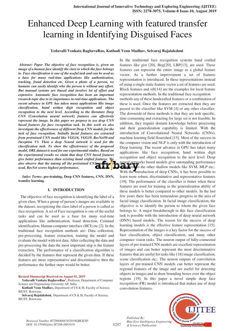 Enhanced deep learning with featured transfer learning in Identifying disguised faces | Afribary