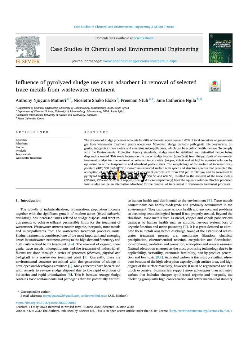 Influence of pyrolyzed sludge use as an adsorbent in removal of ...