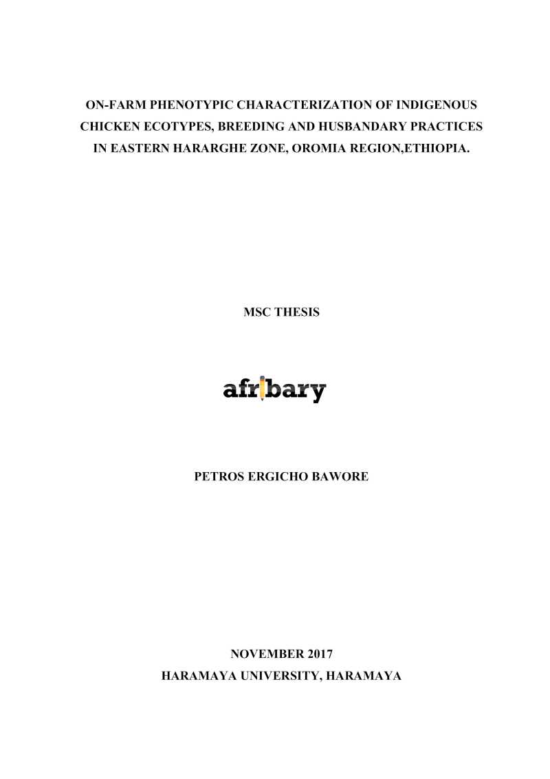On Farm Phenotypic Characterization of Indigenous Chicken Ecotypes, Breeding and Husbandry ...