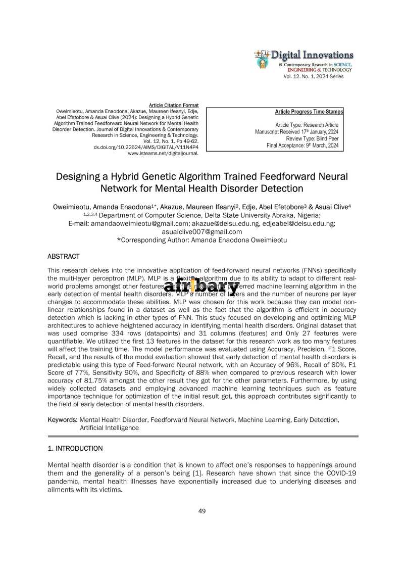 Designing A Hybrid Genetic Algorithm Trained Feedforward Neural Network For Mental Health