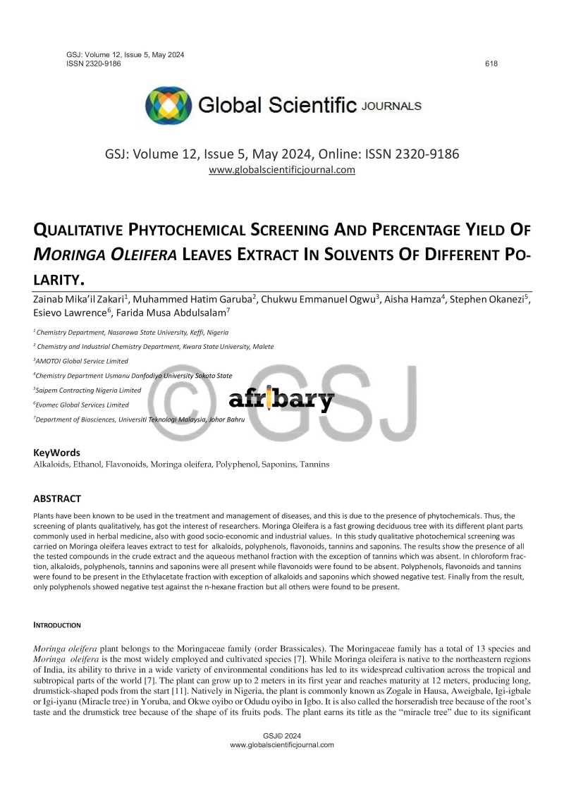 QUALITATIVE PHYTOCHEMICAL SCREENING AND PERCENTAGE YIELD OF MORINGA ...