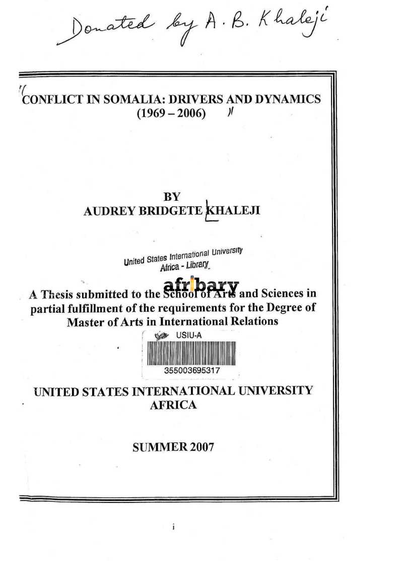 Conflict in Somalia: Drivers and Dynamics (1969-2006) | Afribary