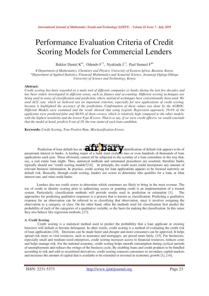 Performance Evaluation Criteria of Credit Scoring Models for Commercial ...