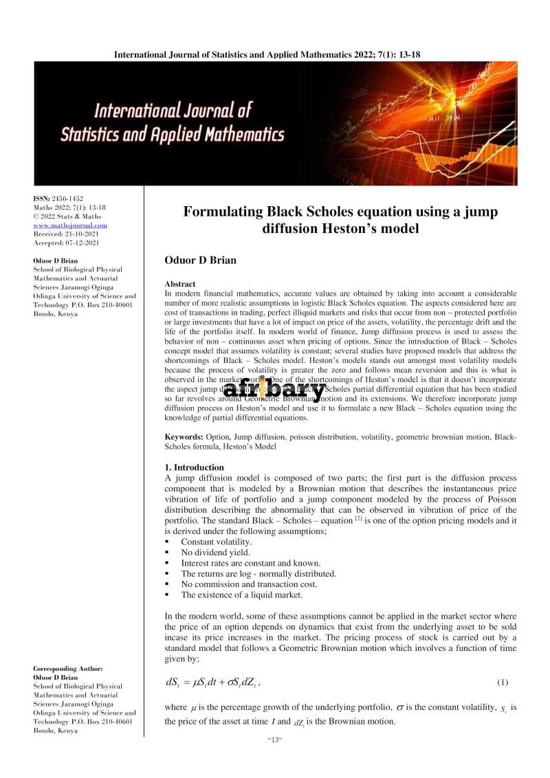 Formulating Black Scholes Equation Using a Jump Diffusion Heston’s Model | Afribary