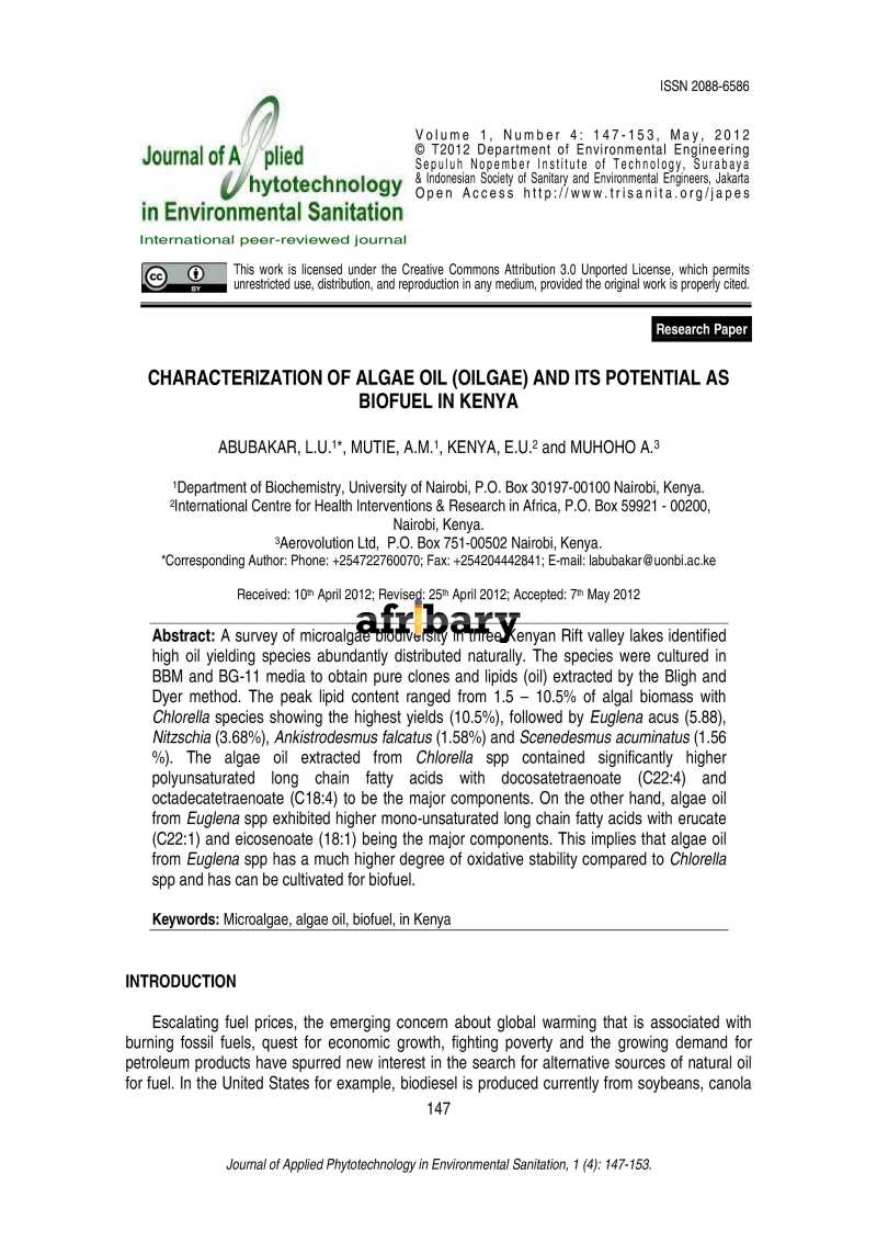 Characterization of algae oil (oilgae) and its potential as biofuel in ...