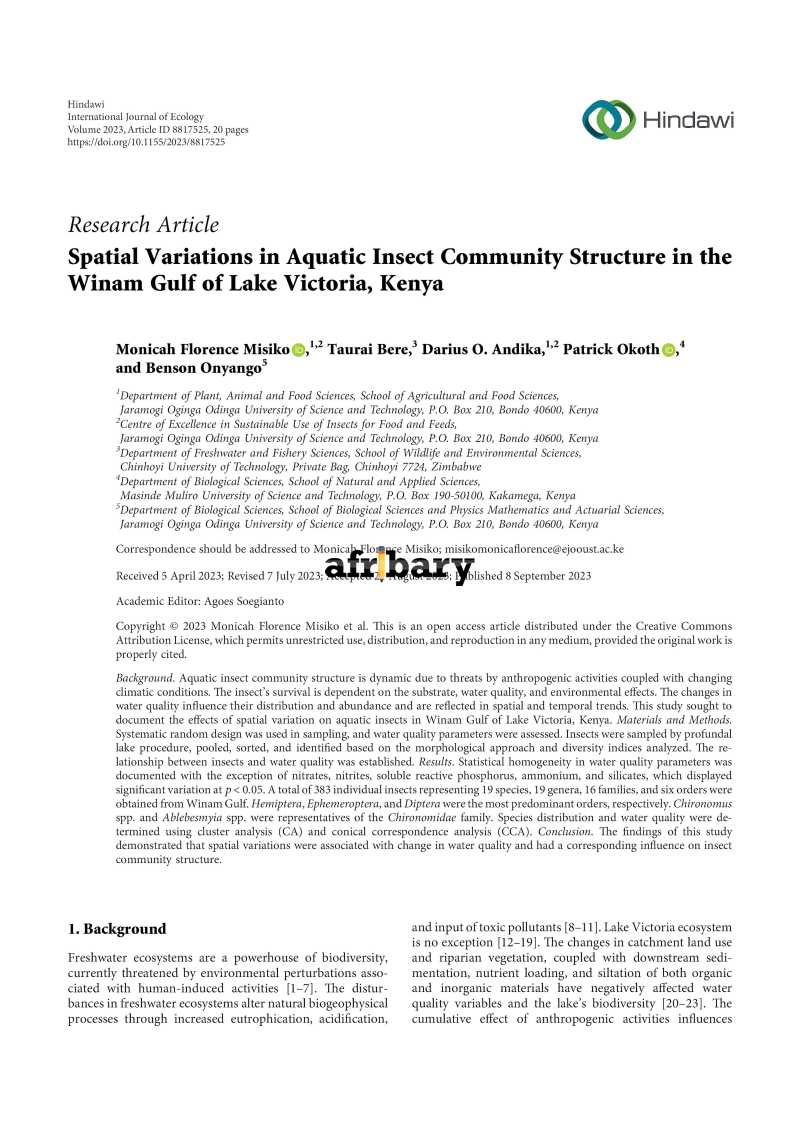 Spatial Variations in Aquatic Insect Community Structure in the Winam ...