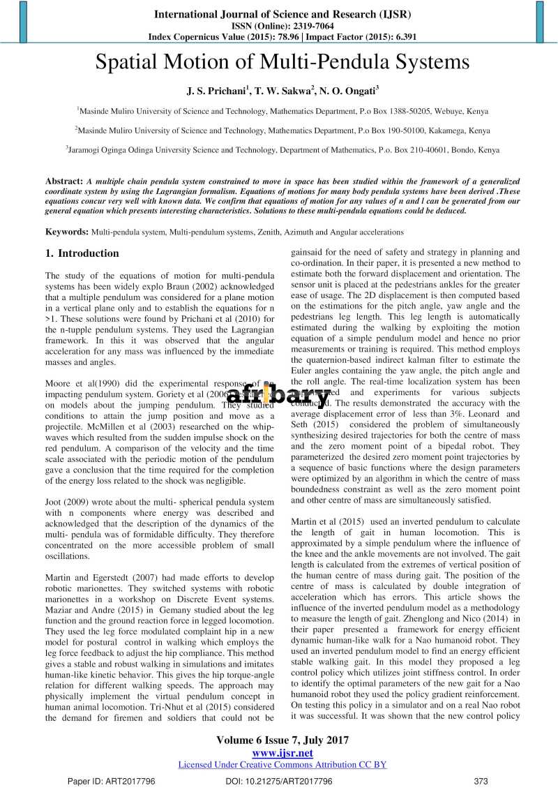Spatial Motion of Multi-Pendula Systems | Afribary