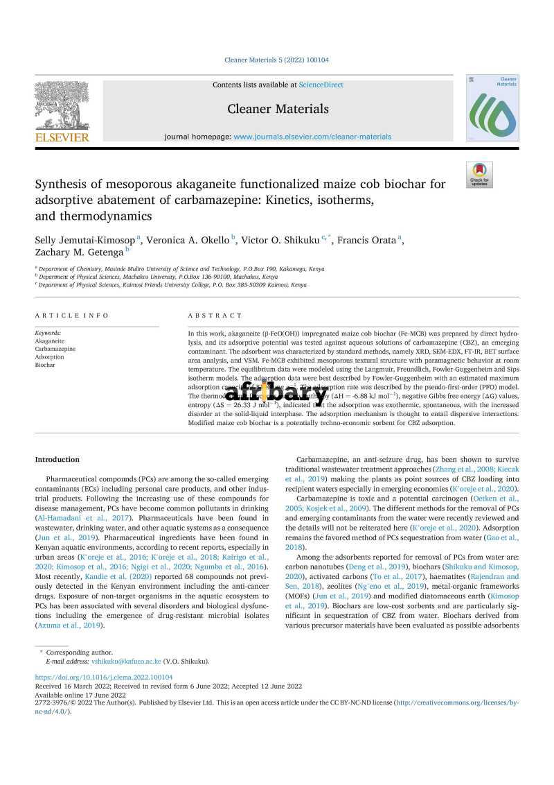 Synthesis of mesoporous akaganeite functionalized maize cob biochar for ...
