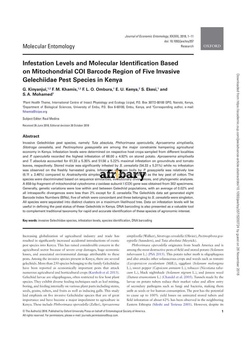 Infestation Levels and Molecular Identifcation Based on Mitochondrial ...