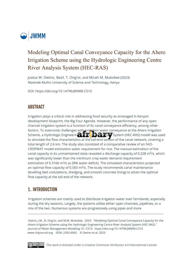 Modeling Optimal Canal Conveyance Capacity for the Ahero Irrigation ...
