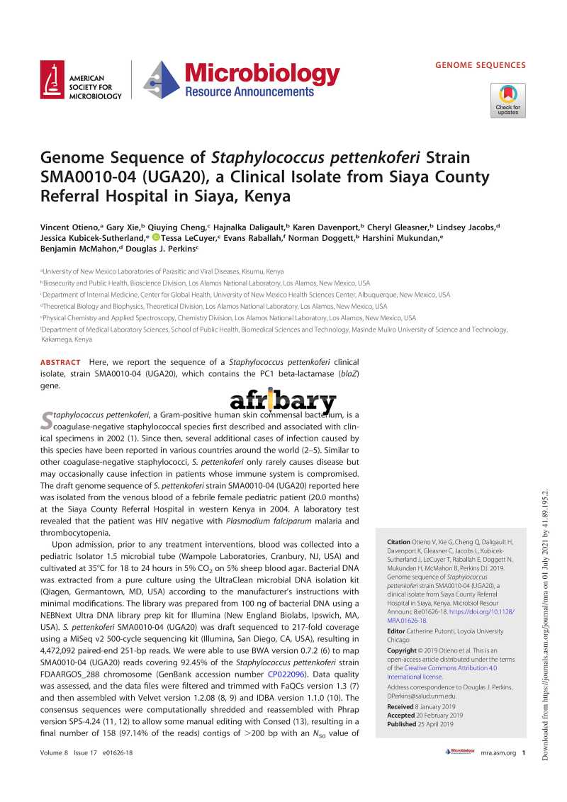 Genome Sequence of Staphylococcus pettenkoferi Strain SMA0010-04 (UGA20 ...