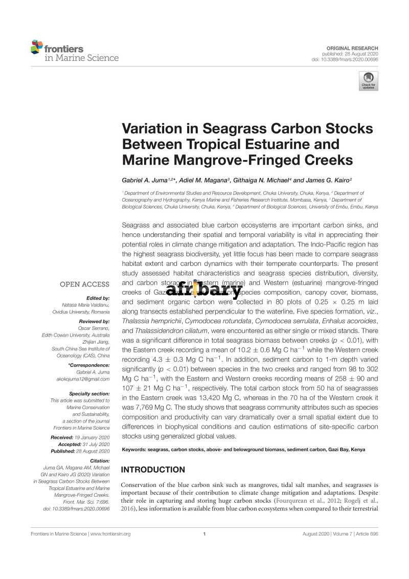 Variation in Seagrass Carbon Stocks Between Tropical Estuarine and Marine Mangrove-Fringed ...
