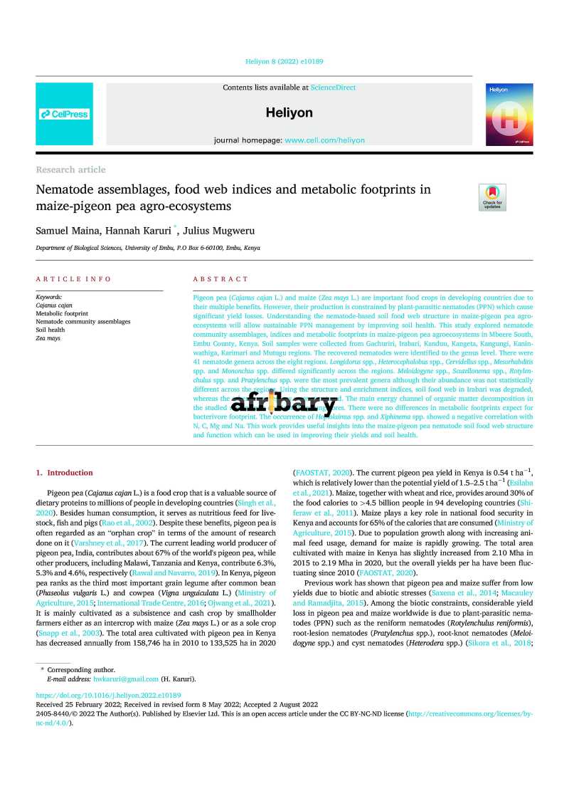 Nematode assemblages, food web indices and metabolic footprints in ...