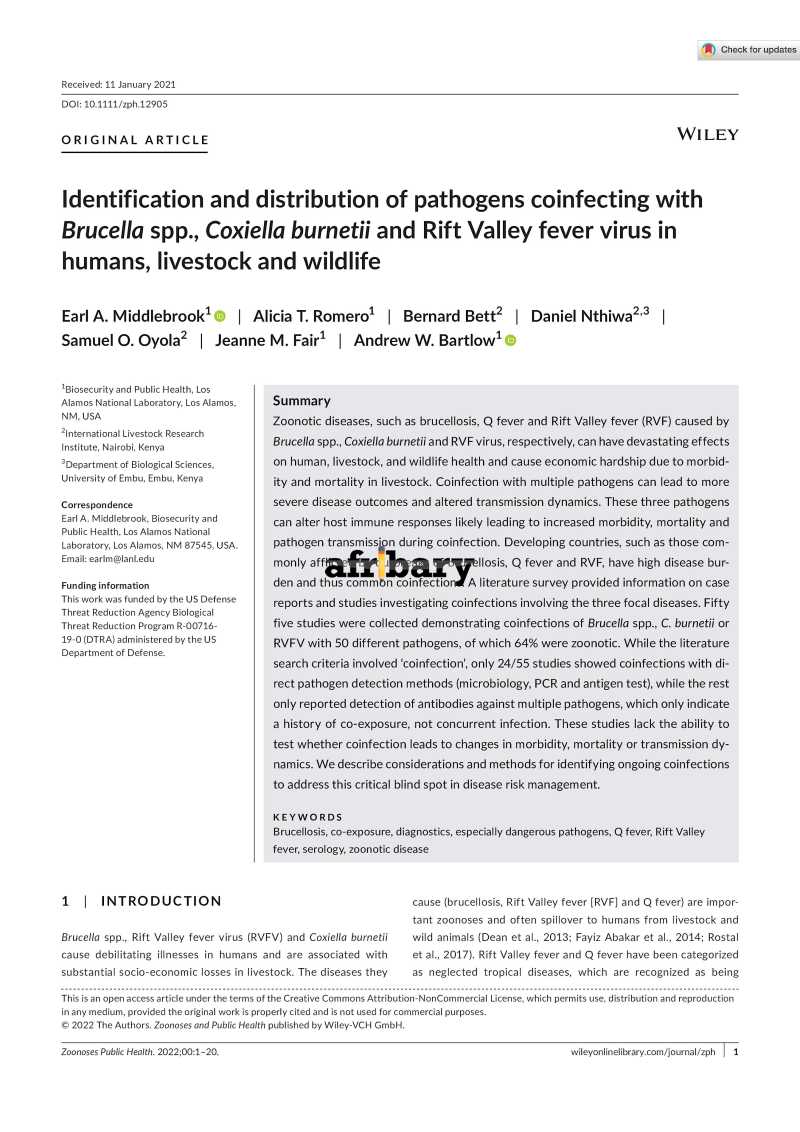 Identification and distribution of pathogens coinfecting with Brucella ...