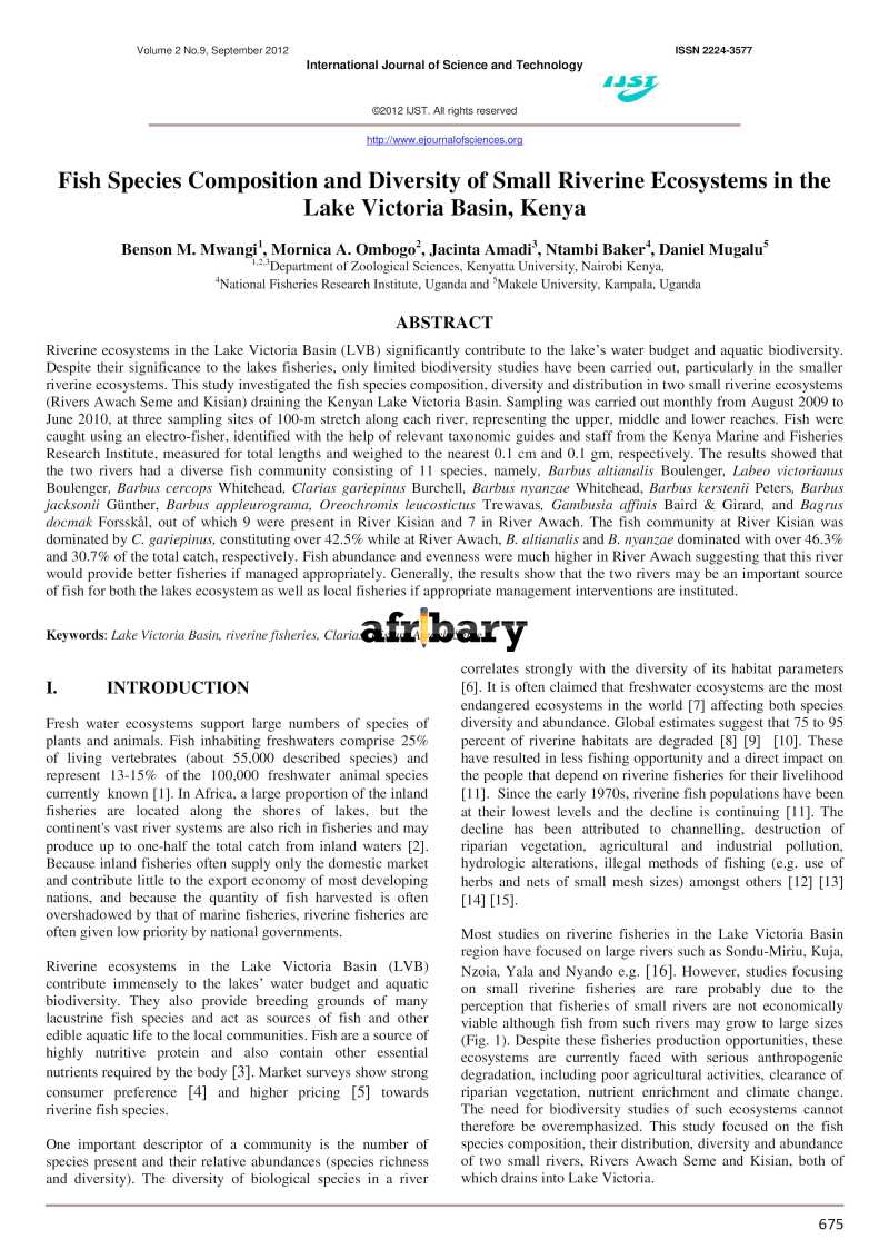 Fish Species Composition and Diversity of Small Riverine Ecosystems in ...