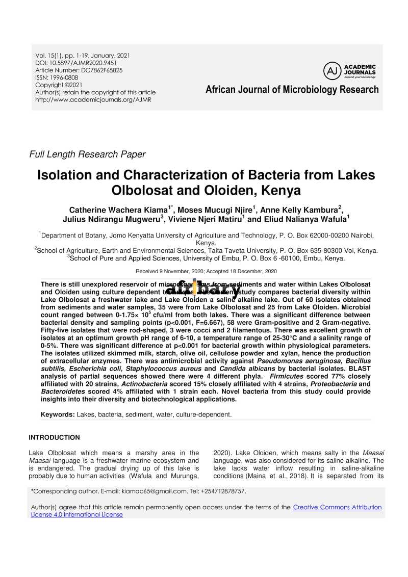 Isolation and Characterization of Bacteria from Lakes Olbolosat and ...