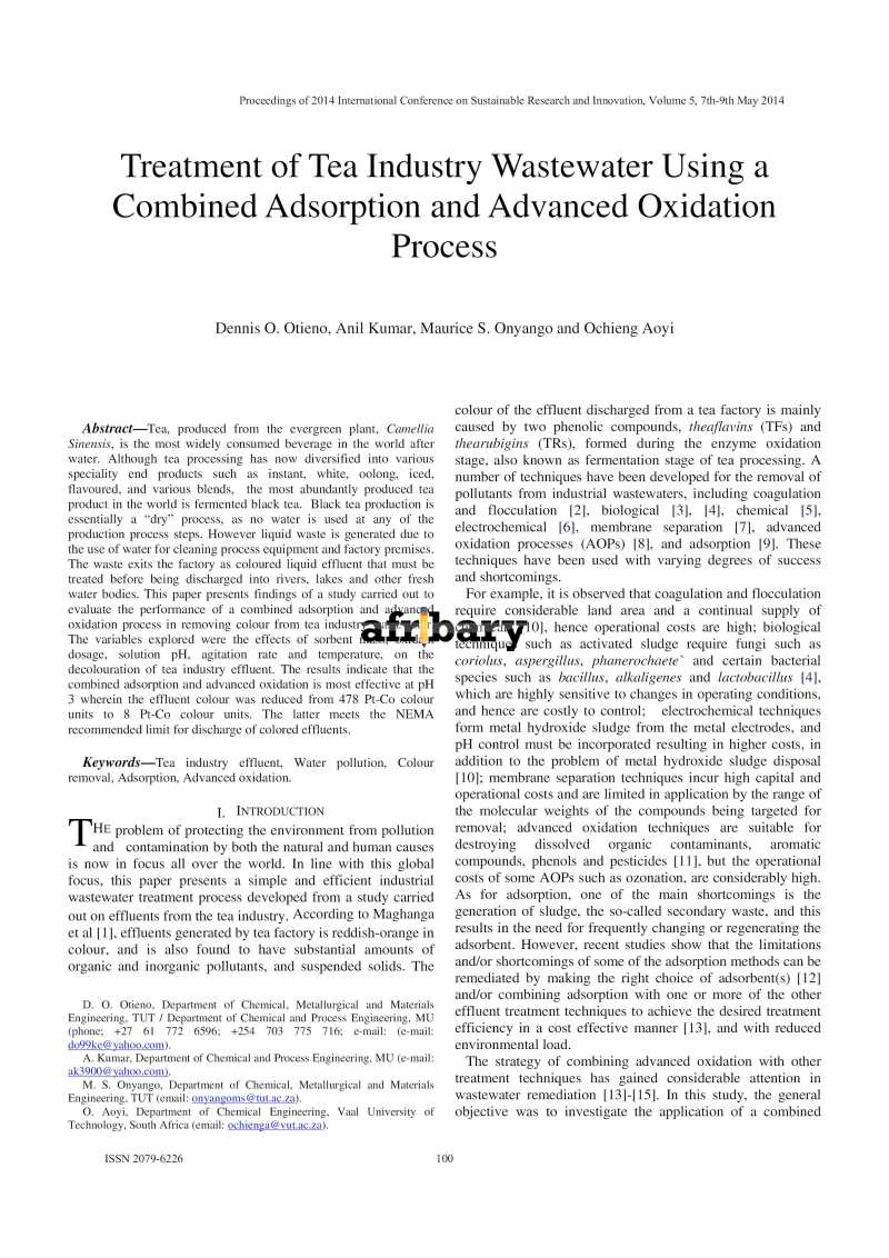 Treatment of tea industry wastewater using a combined adsorption and ...