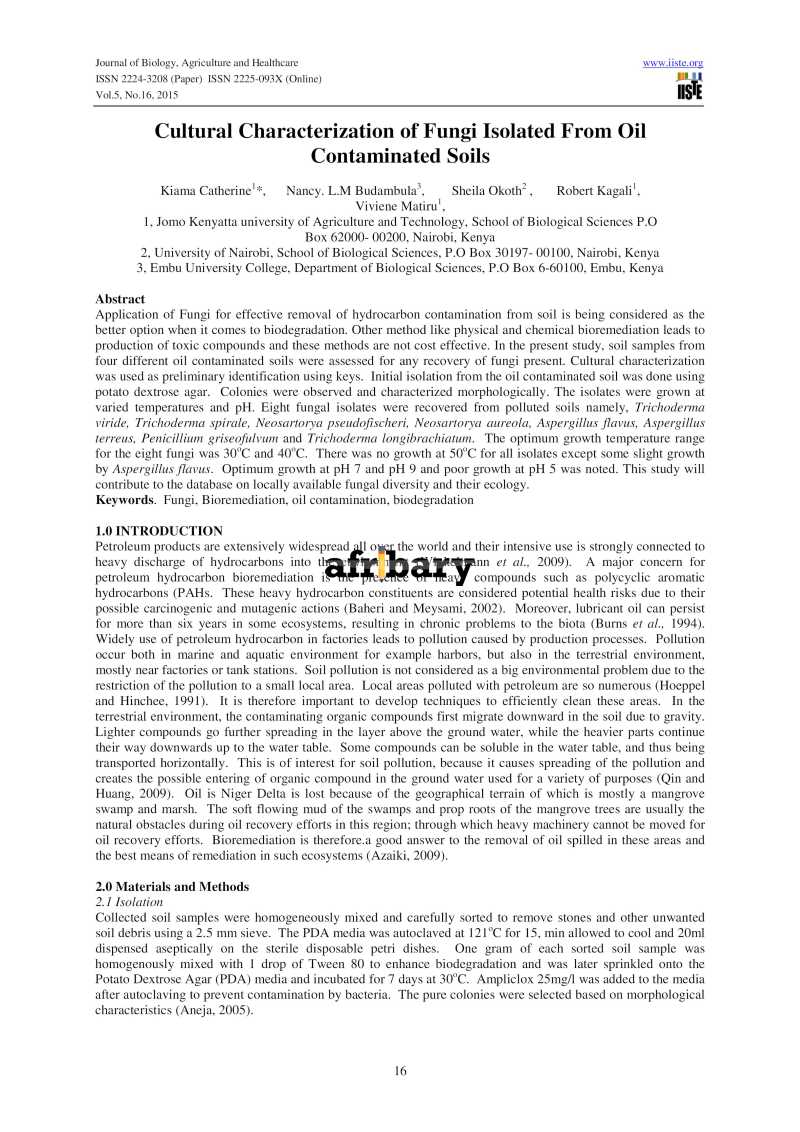 Cultural Characterization of Fungi Isolated From Oil Contaminated Soils ...