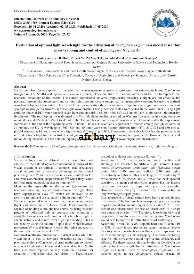 Evaluation of Optimal Light Wavelength for the Attraction of Spodoptera ...