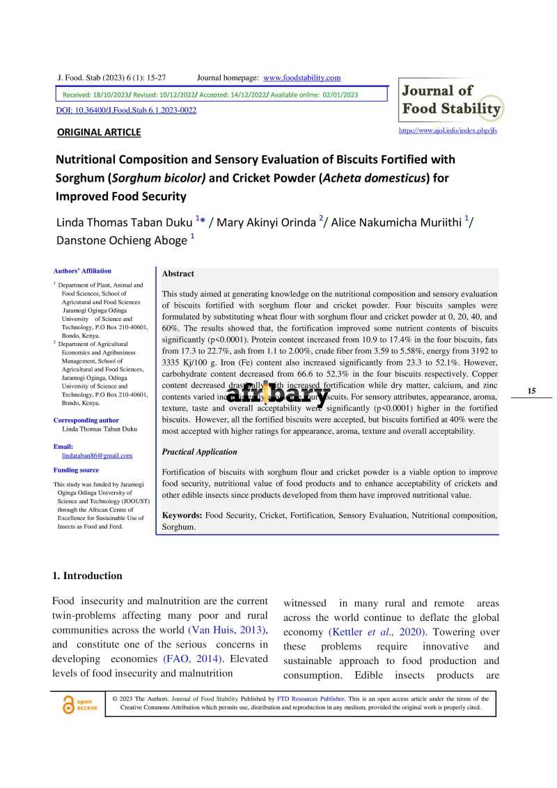 Nutritional Composition and Sensory Evaluation of Biscuits Fortified ...
