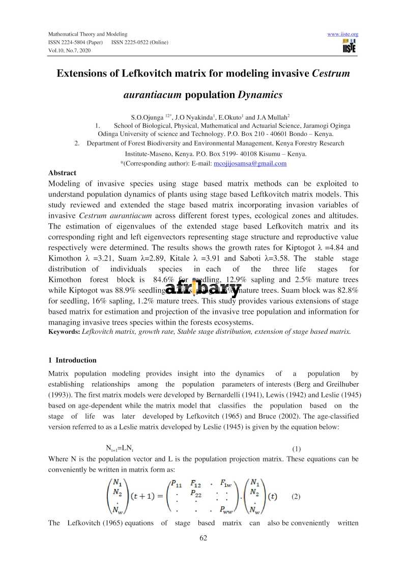 Extensions of Lefkovitch Matrix for Modeling Invasive Cestrum ...