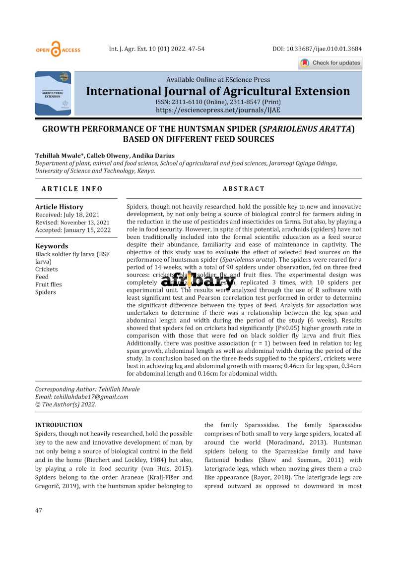 Growth Performance of The Huntsman Spider (Spariolenus Aratta) Based on ...