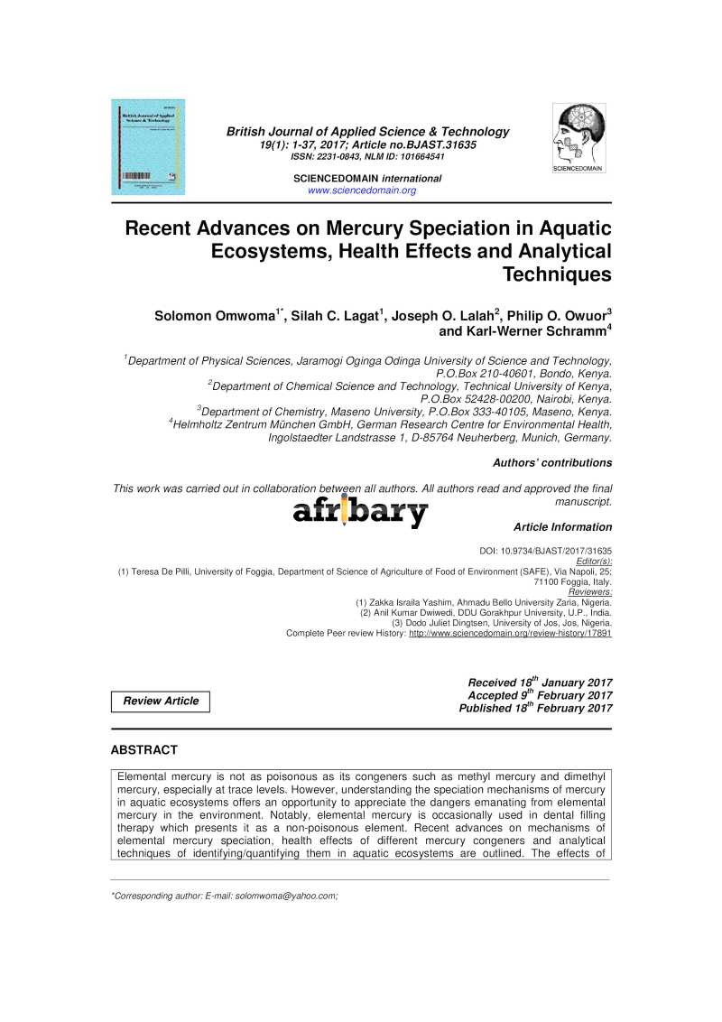 Recent Advances on Mercury Speciation in Aquatic Ecosystems, Health ...