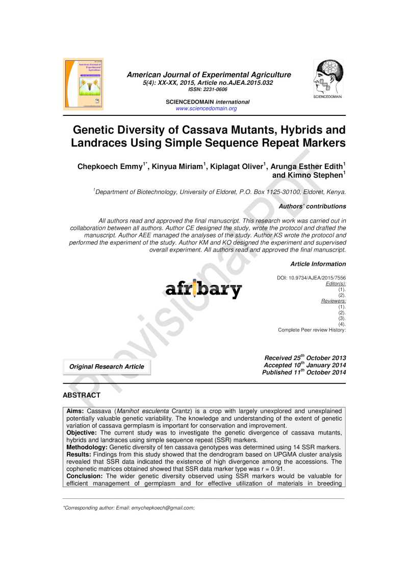 Genetic Diversity of Cassava Mutants, Hybrids and Landraces Using Simple Sequence Repeat Markers ...