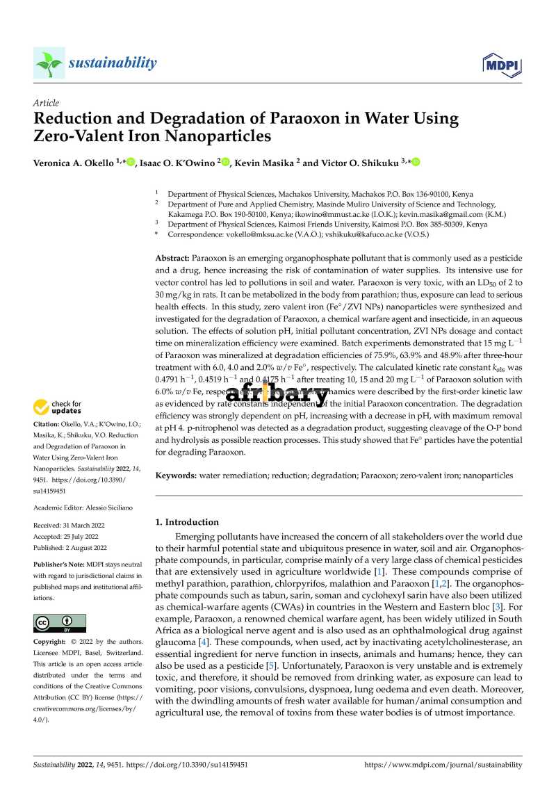 Reduction and Degradation of Paraoxon in Water Using Zero-Valent Iron ...