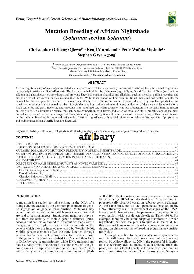 Mutation Breeding of African Nightshade ( Solanum section Solanum ...
