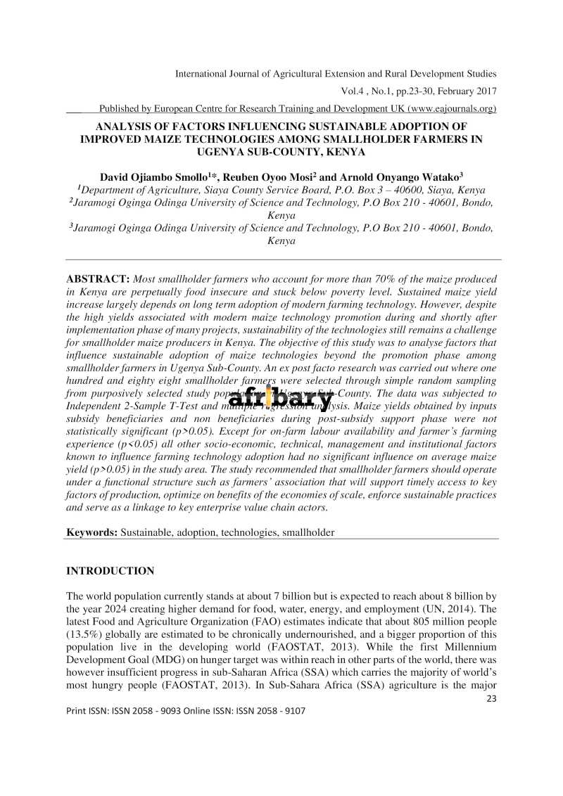 Analysis of factors influencing sustainable adoption of improved maize technologies among ...