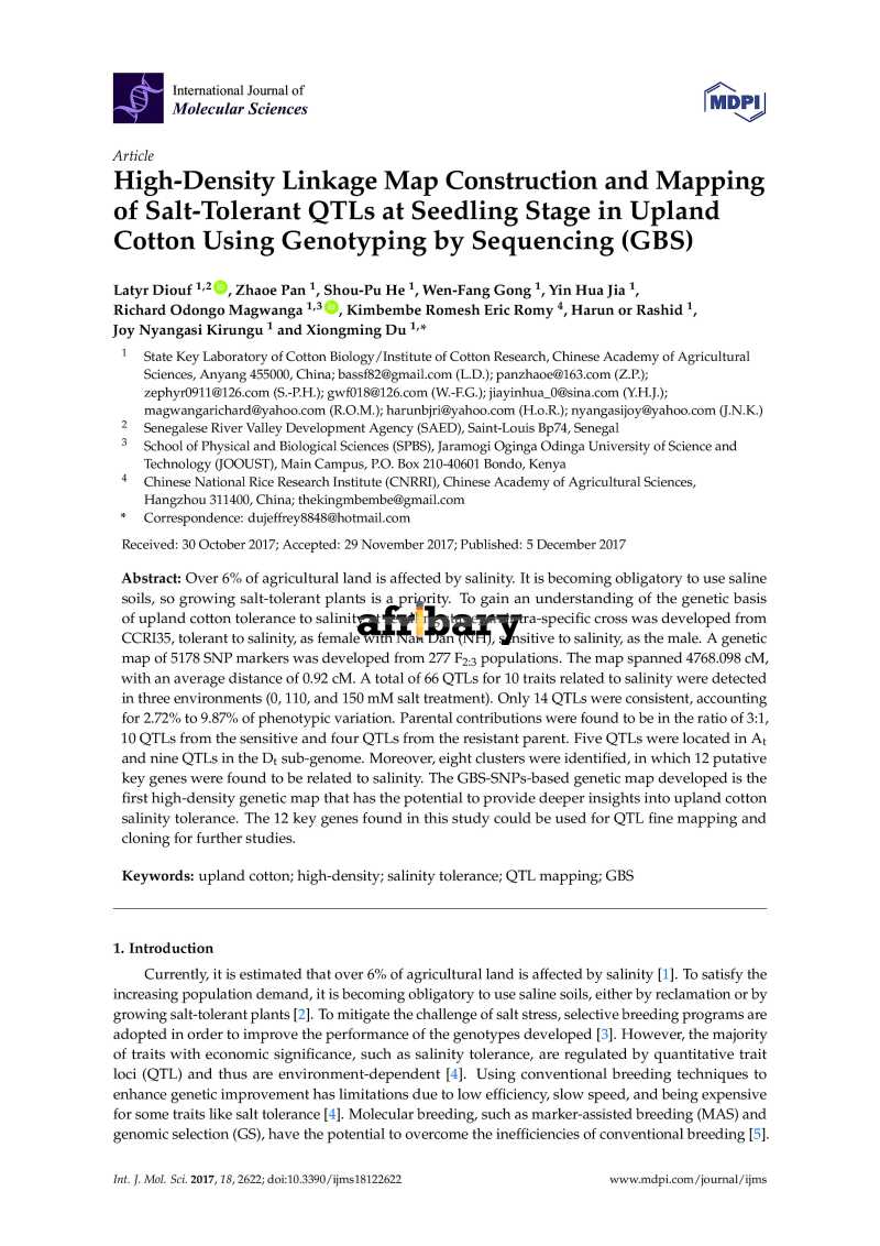 High-Density Linkage Map Construction and Mapping of Salt-Tolerant QTLs ...