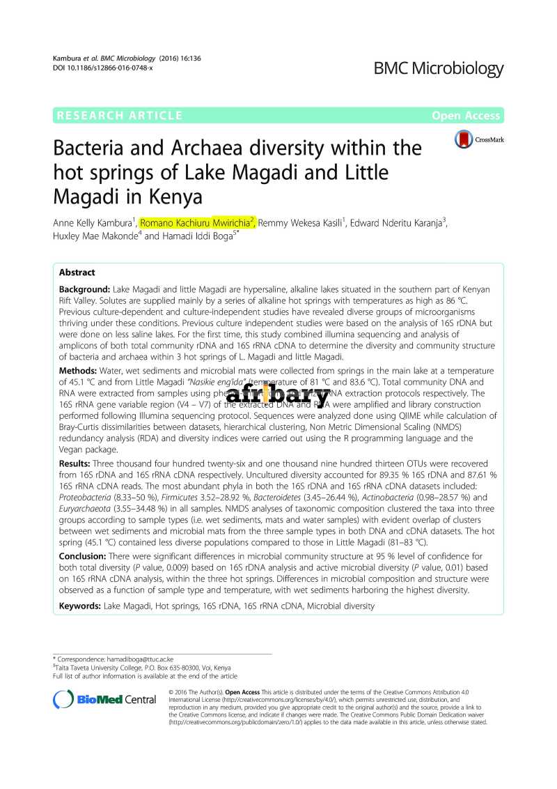 Bacteria and Archaea diversity within the hot springs of Lake Magadi ...