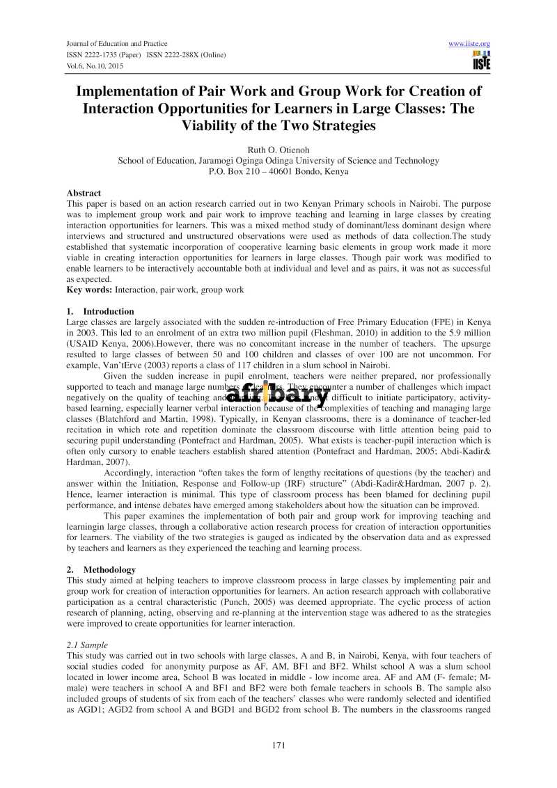 Implementation of Pair Work and Group Work for Creation of Interaction Opportunities for ...