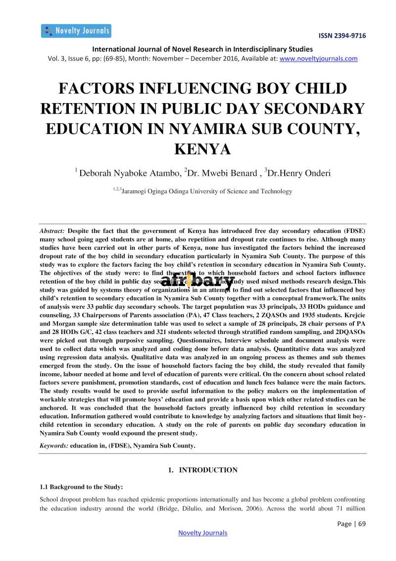 Factors Influencing Boy Child Retention in Public Secondary Education ...