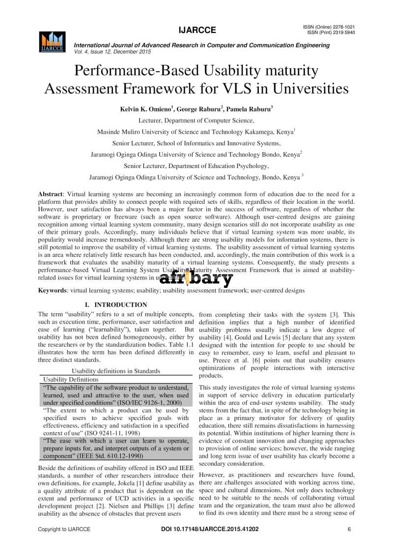 Performance-based usability maturity assessment framework for VLS in universities | Afribary