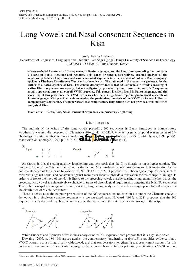 Long vowels and nasal-consonant sequences in Kisa | Afribary