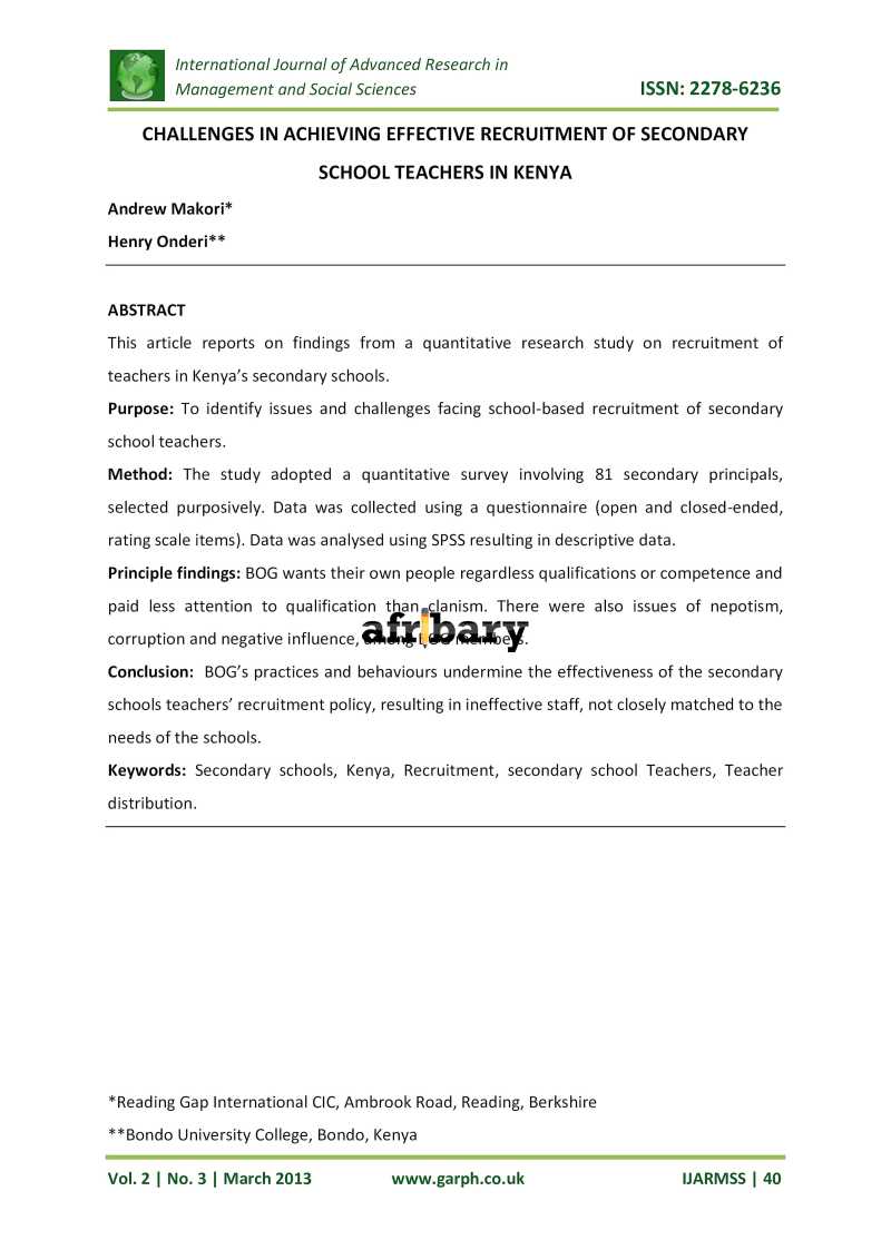 Challenges in achieving effective recruitment of secondary school ...
