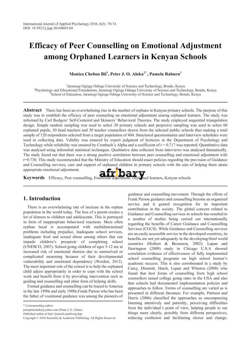 Efficacy of peer counselling on emotional adjustment among orphaned ...