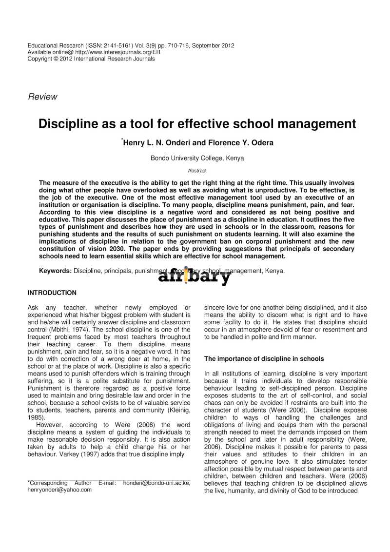 Discipline as a tool for effective school management | Afribary