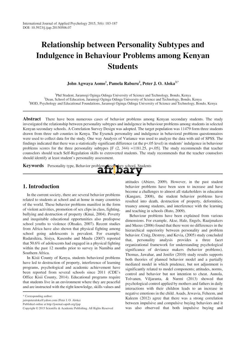 Relationship between personality subtypes and indulgence in behaviour ...