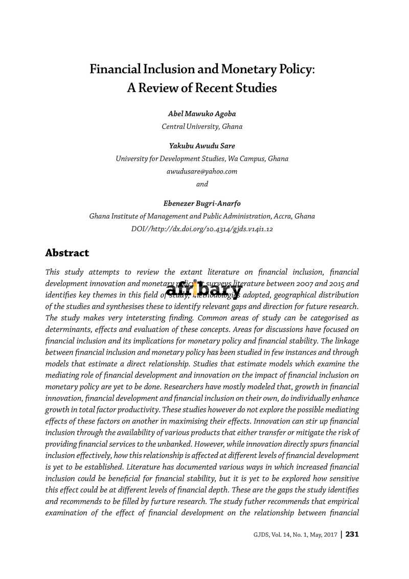 FINANCIAL INCLUSION AND MONETARY POLICY: A REVIEW OF RECENT STUDIES ...