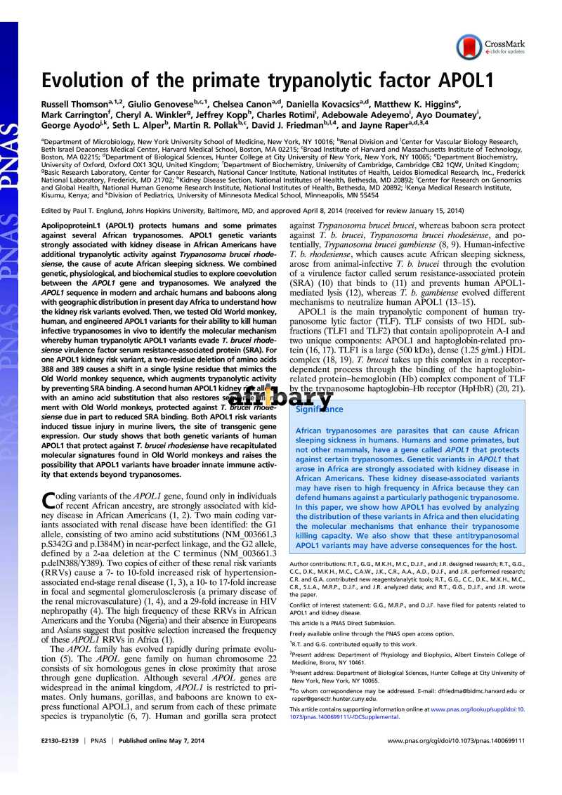 Evolution of the primate trypanolytic factor APOL1 | Afribary