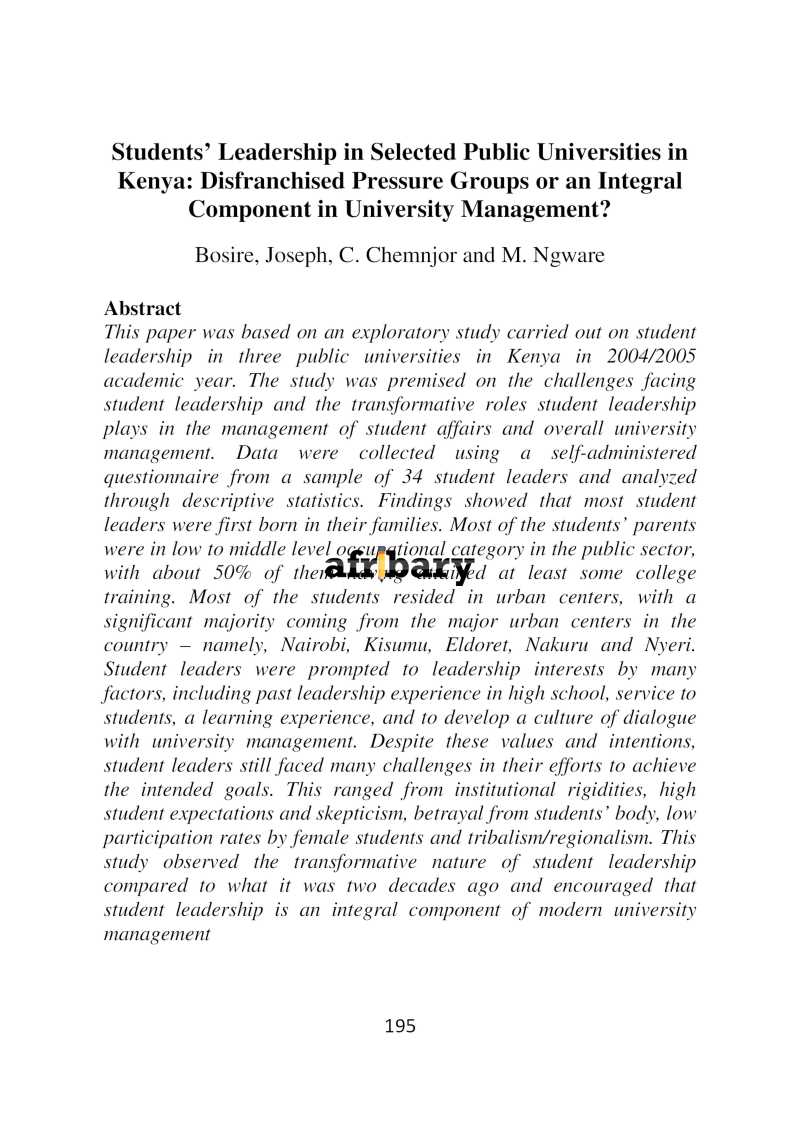 Student leadership in selected public universities in Kenya: A ...