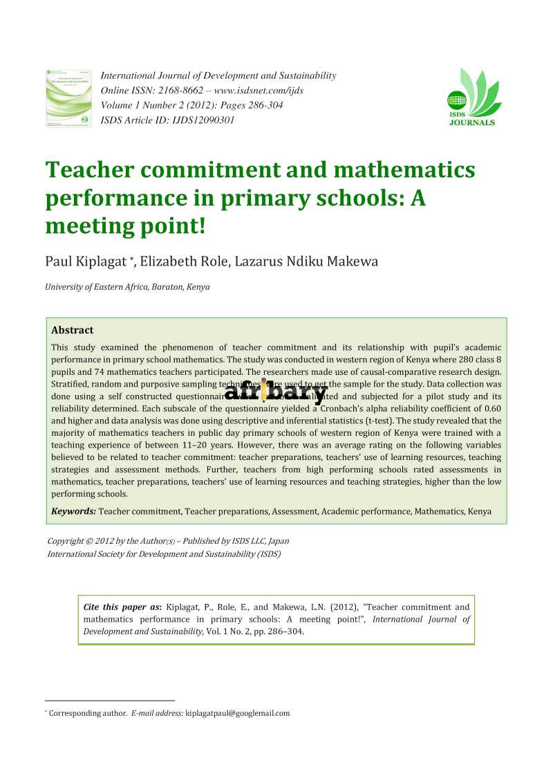 Teacher commitment and mathematics performance in primary schools: A ...