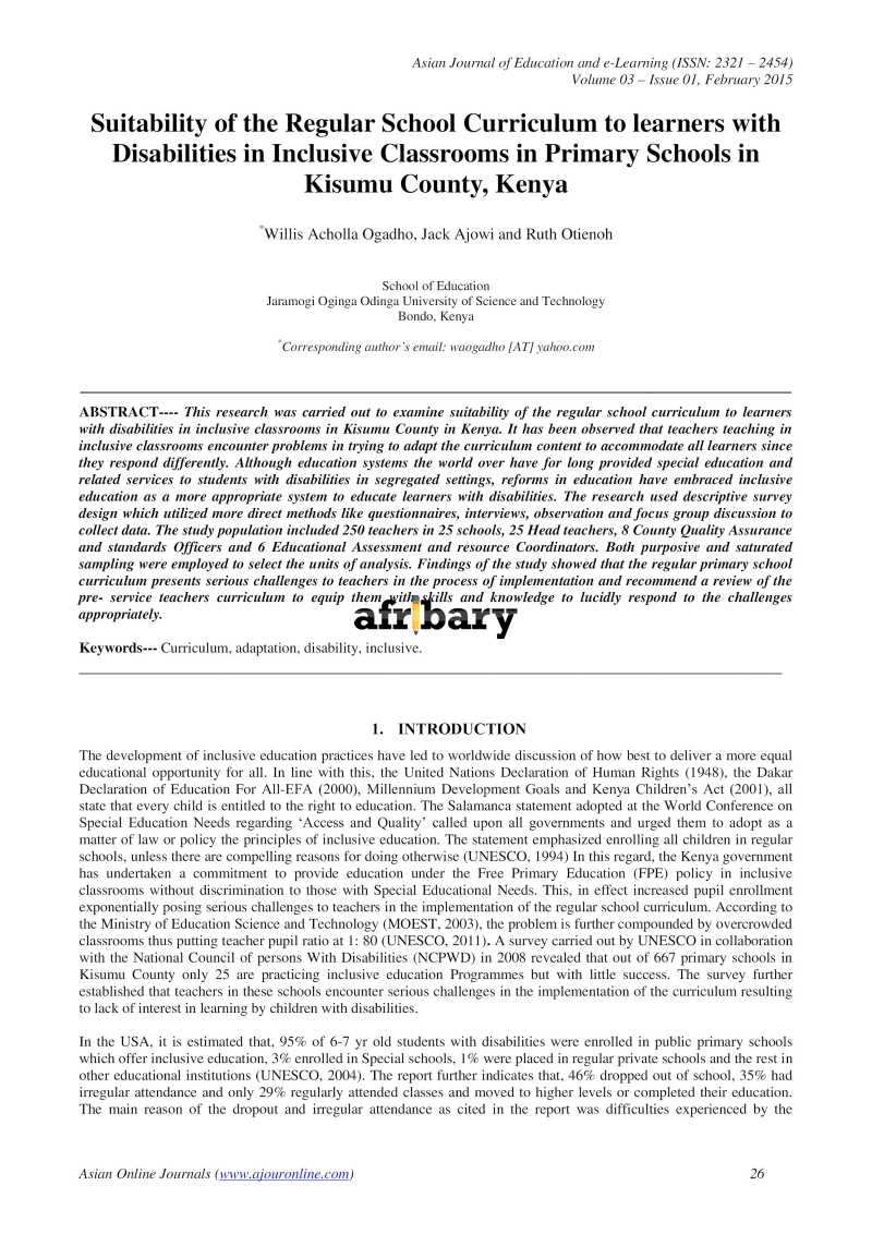 Suitability of the Regular School Curriculum to Learners with ...