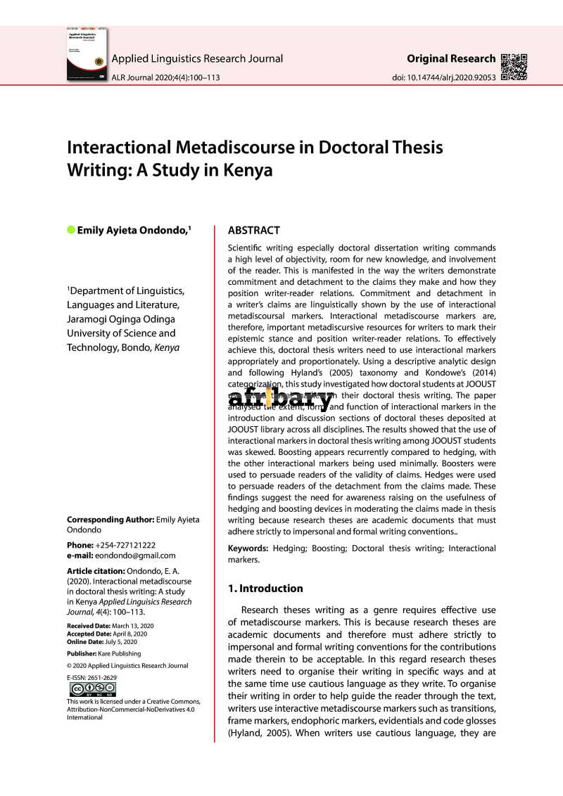 Interactional Metadiscourse in Doctoral Thesis Writing: A Study in ...